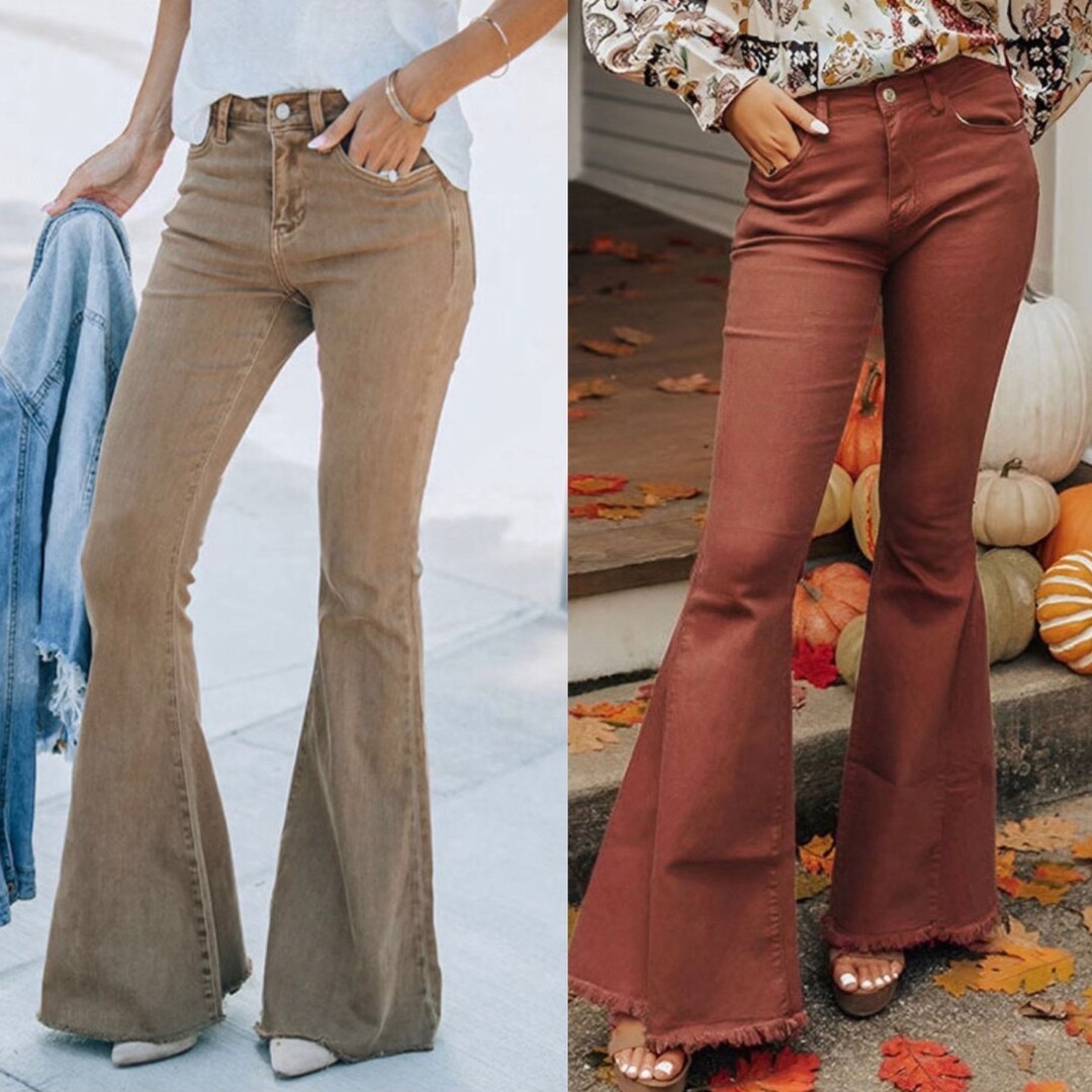 Rust and Beige Mom Jeans / Colored Bells Distressed Hem Denim / Frayed ...