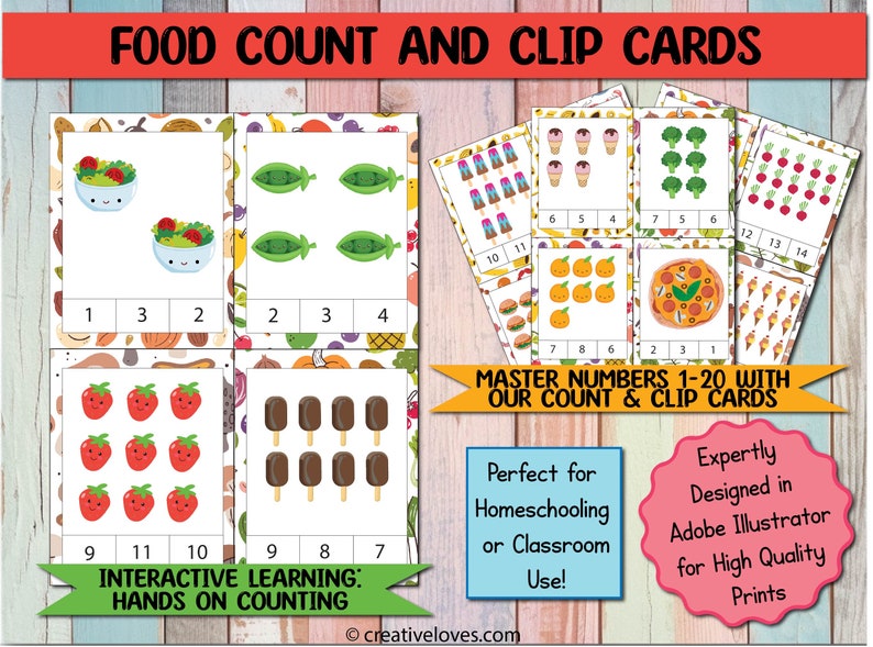 Educational Food Count and Clip Cards for Preschool Kids – Fun Learning ...