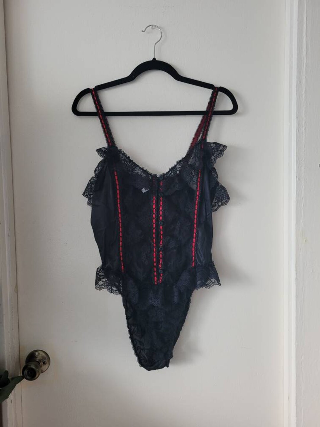 M Vintage Frilly Black Lace Teddy With Red Ribbon Details - Etsy