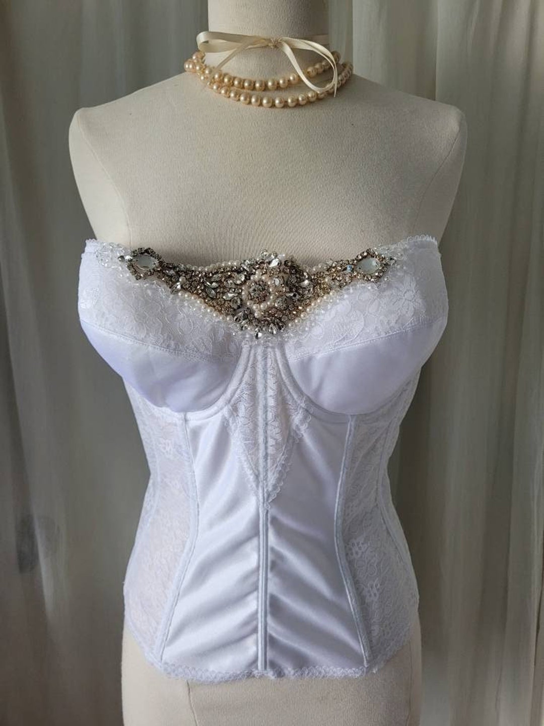 36D White Satin, Bridal, Corset Style Bustier, With Lace, Hand Stitched Crystal, and Pearl ...