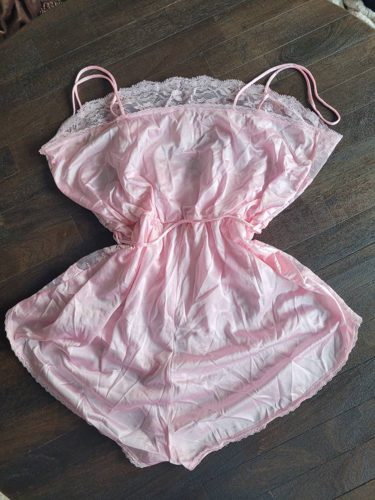 M Vintage Pretty in Pink Satin and Lace Teddy - Etsy