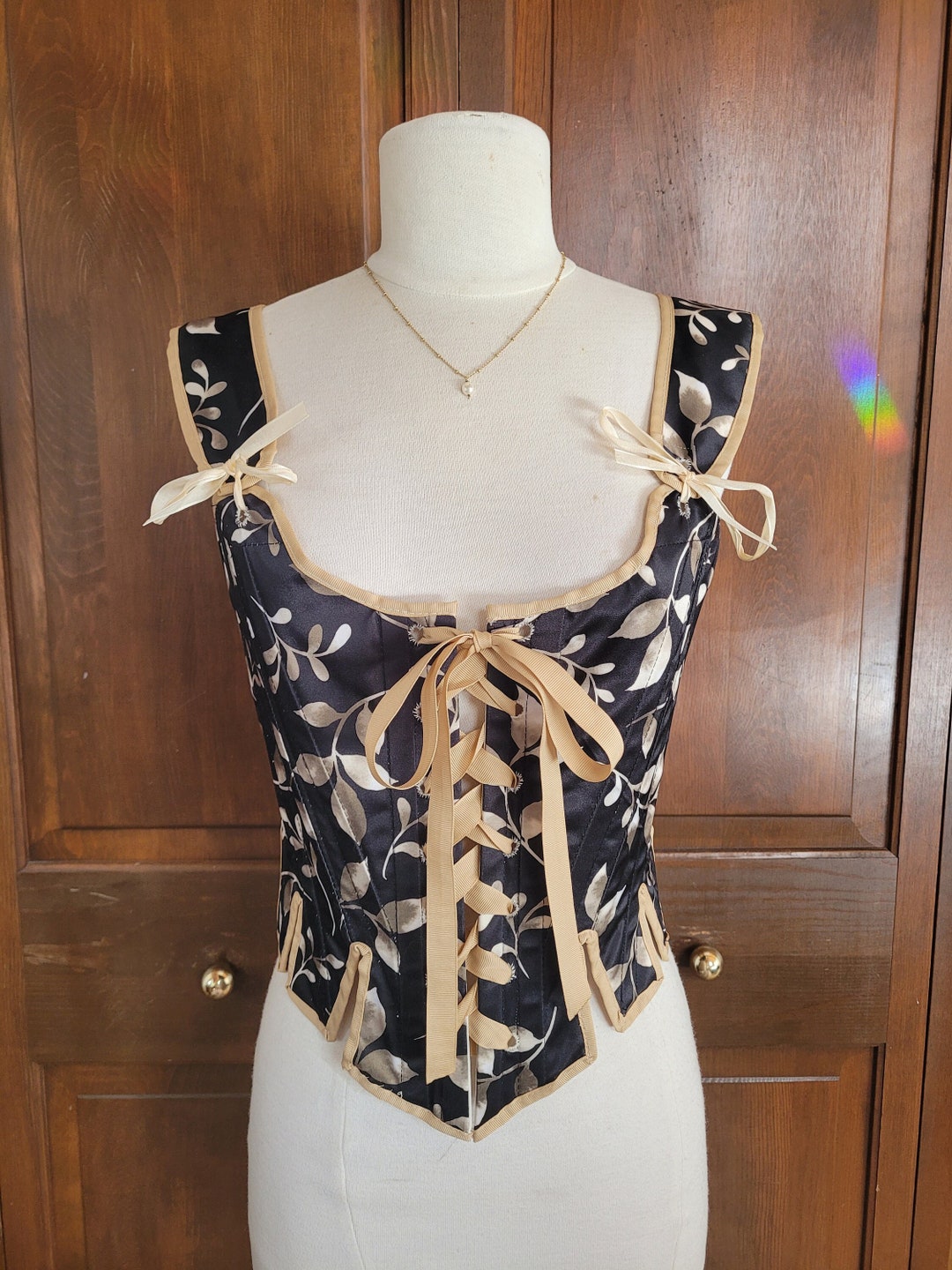 M Handmade, Elizabethan Corset Stays, in a Floral Black Satin With Tan ...
