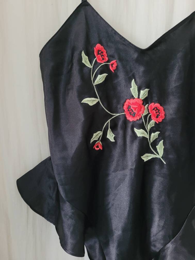 S Vintage Delicates, Black Satin, Romper, Teddy, With Red Floral ...