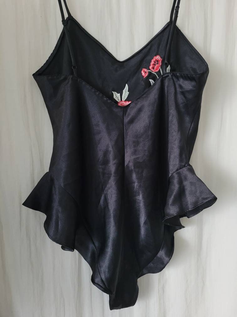 S Vintage Delicates, Black Satin, Romper, Teddy, With Red Floral ...