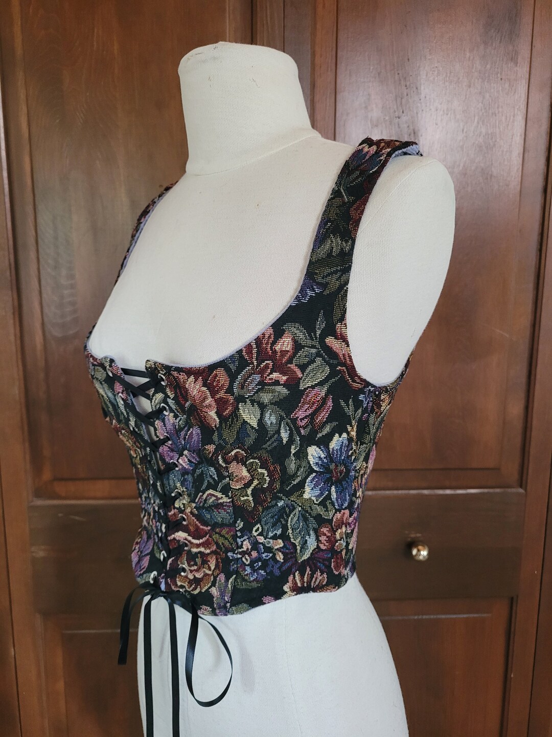 XS/S Handmade, Reversable, Corset Vest With Dark Floral Brokade and ...