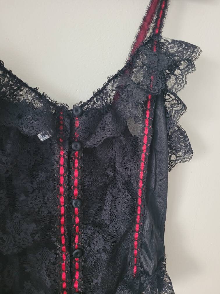 M Vintage Frilly Black Lace Teddy With Red Ribbon Details - Etsy