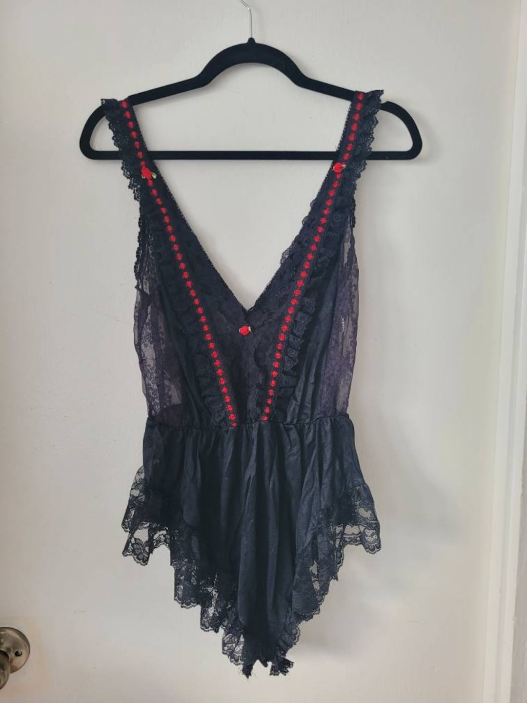 M Vintage, Black, Frilly Teddy With Red Ribbon and Rose Detailing - Etsy