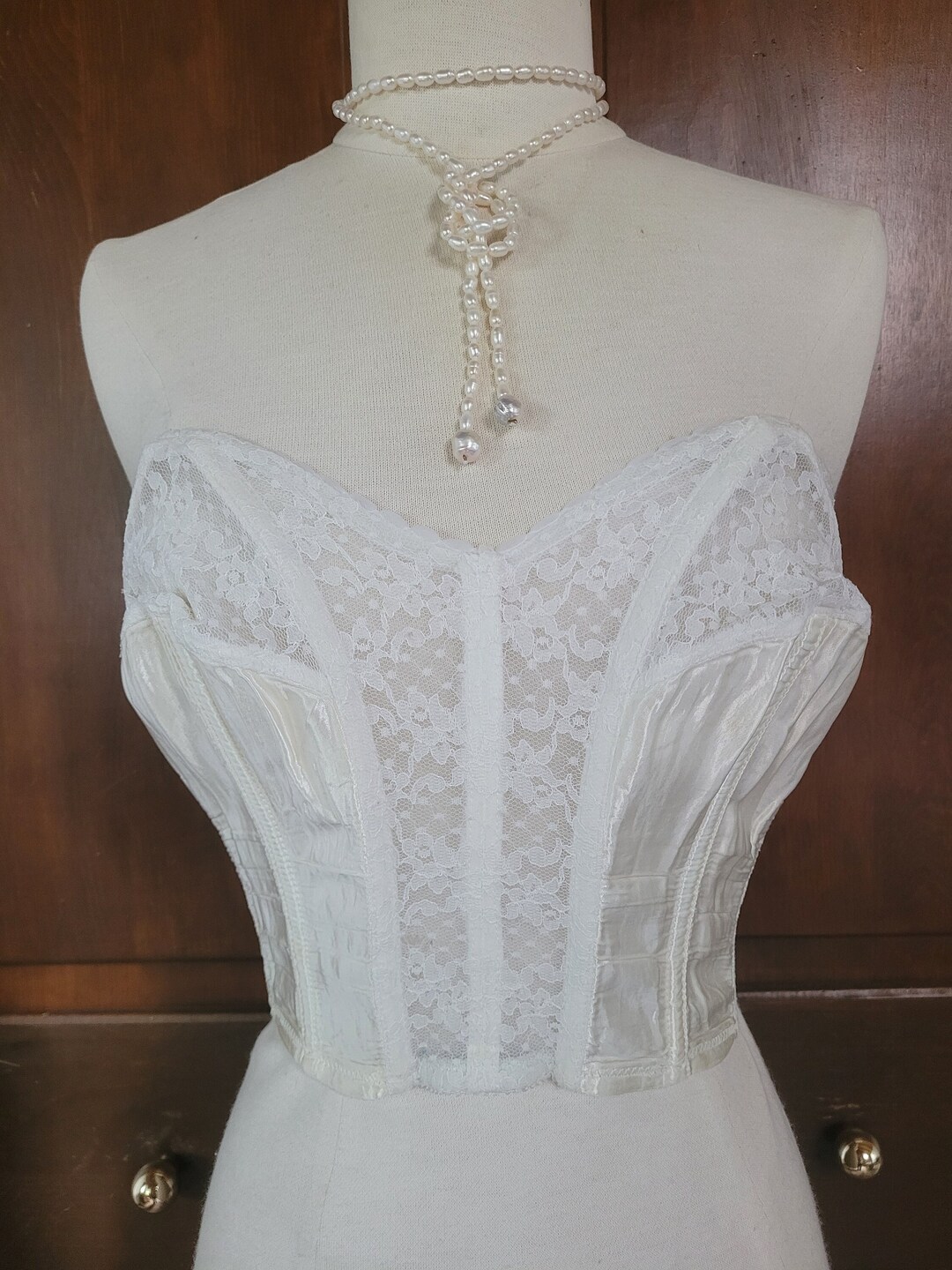 38D Vintage Lady Marlene Corset, Bustier Top, Longline Bra in a Pearl ...