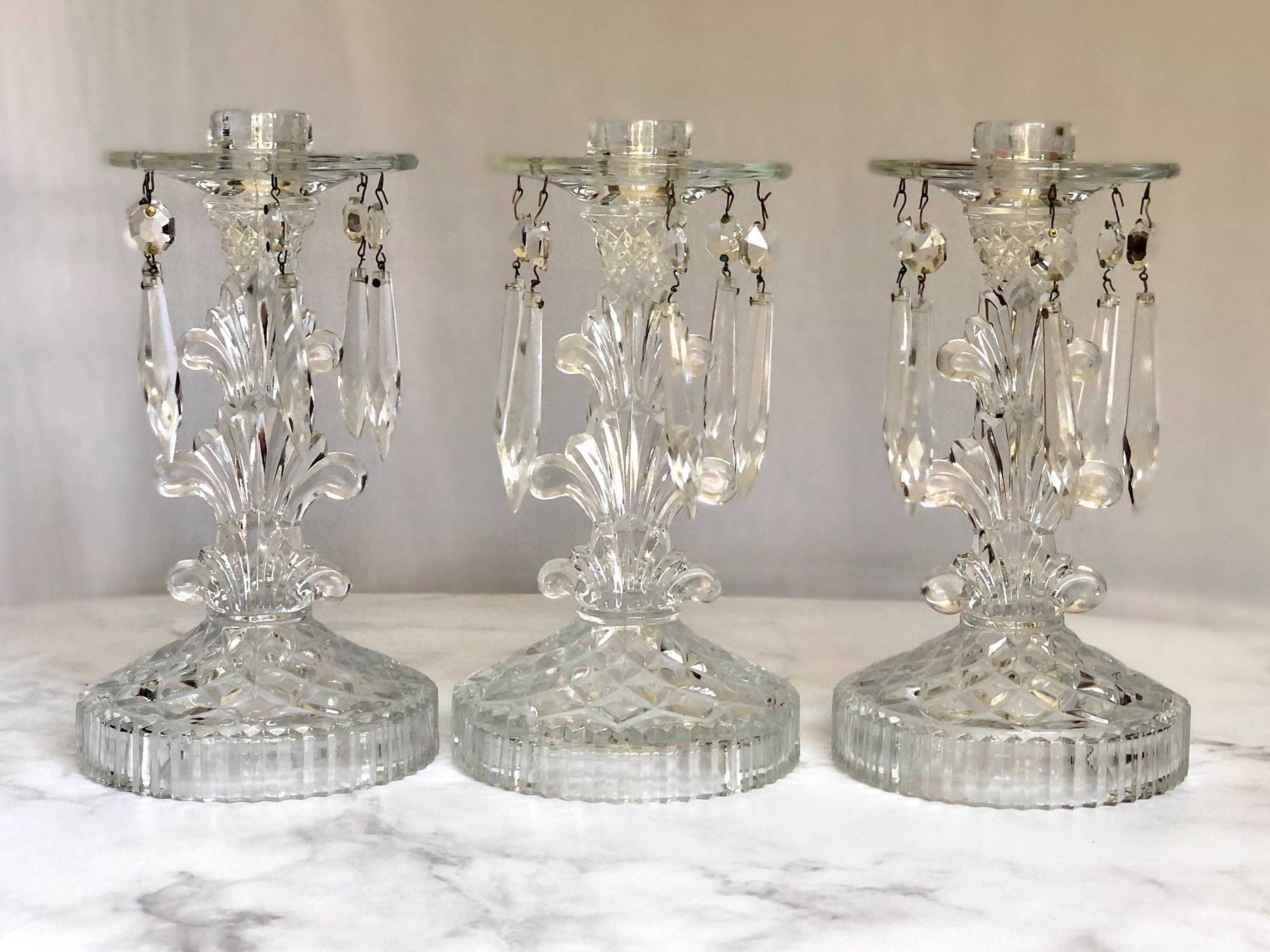 Vintage Crystal Candlestick Holders Set of 3 Antique Glam Decor Dangle ...