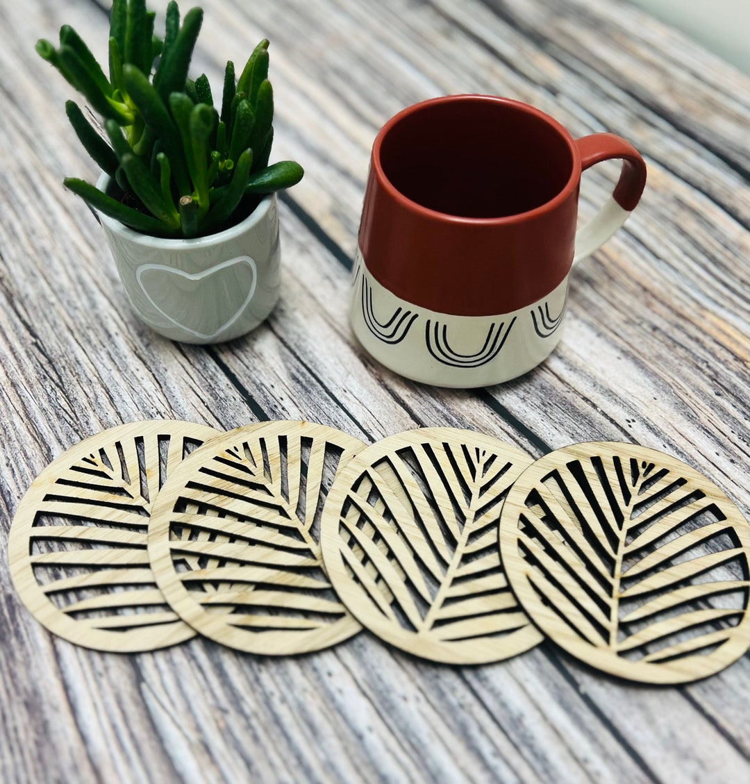 Wooden Coasters Set, Palm Leaf Design Coasters, Leaf Pattern Coasters ...