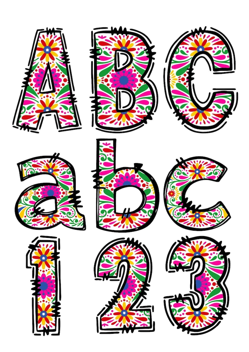 Doodle Letters - Alpha Plus Numbers Floral Mexican Ver 4 PNG ONLY - Etsy