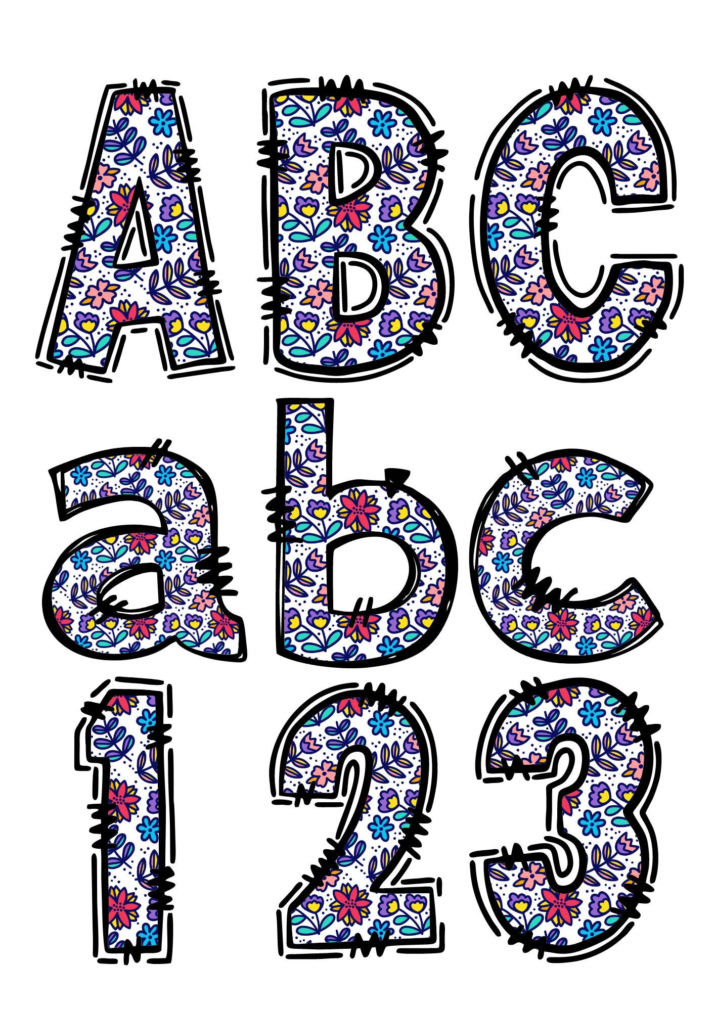 Doodle Letters - Alpha Plus Numbers Floral Mexican Ver 2 PNG ONLY - Etsy