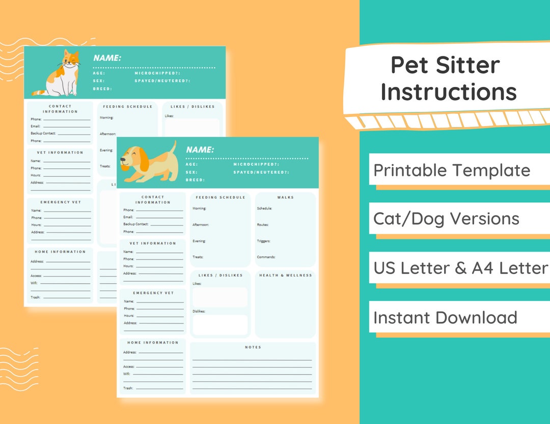 Printable Pet Sitter Instructions | Cat & Dog Care (PDF) - Etsy