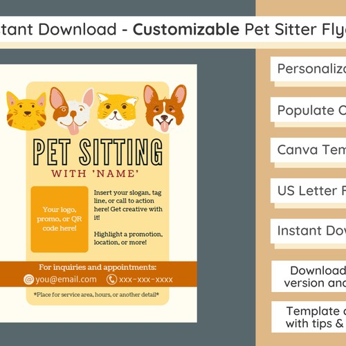 Pet Sitter Flyer Pet Sitting Template Canva Template - Etsy