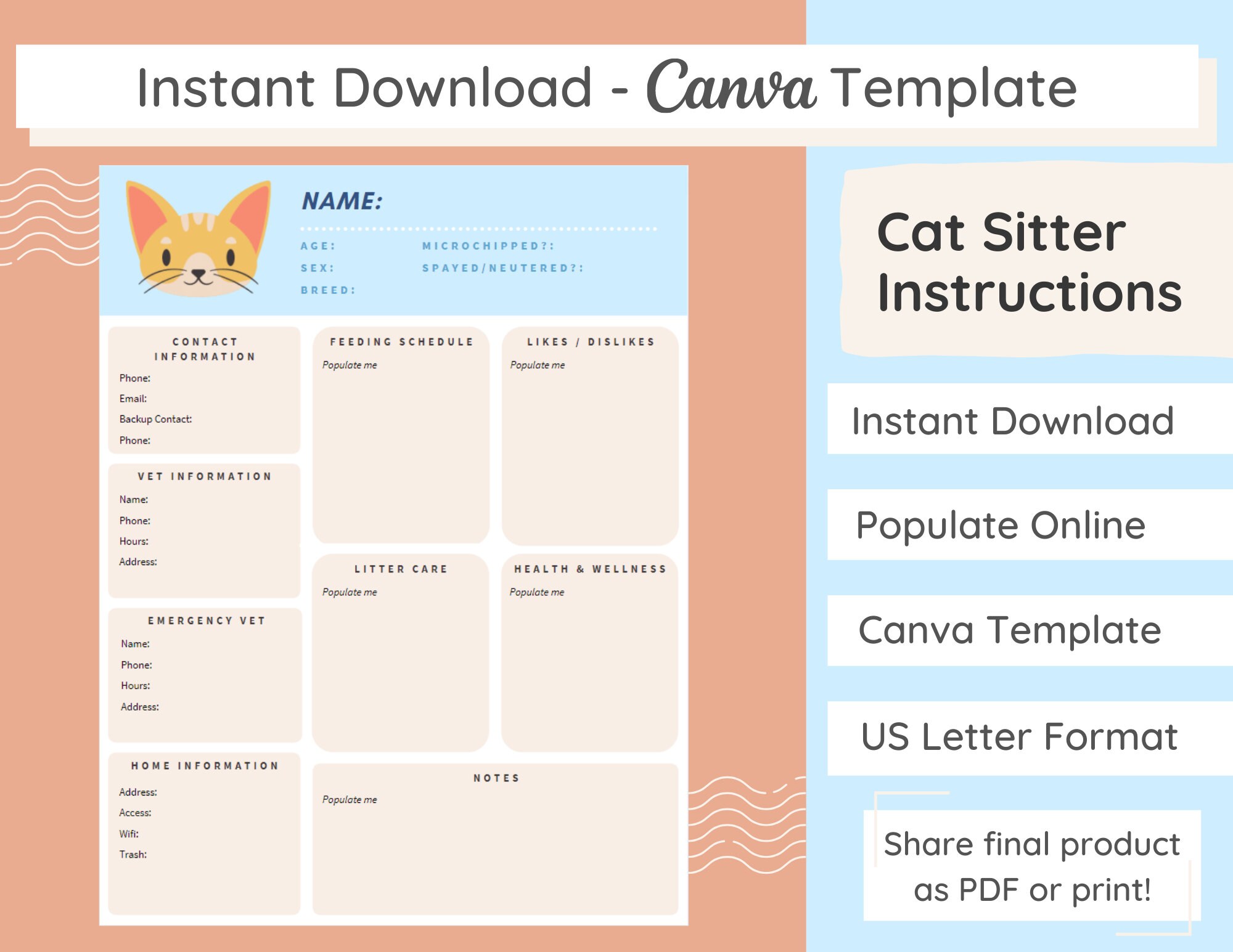 Cat Sitter Guide Pet Care Information Canva Template INSTANT DIGITAL