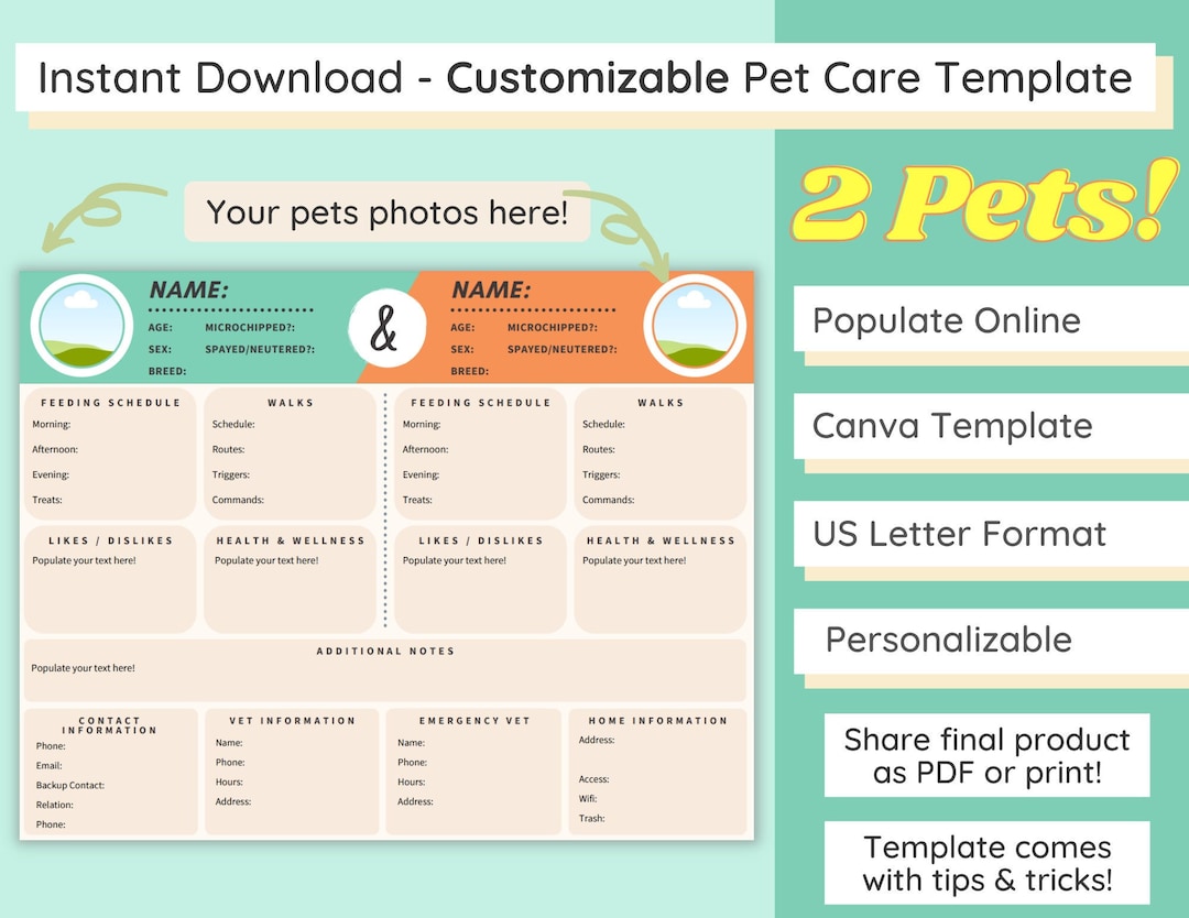Two Pet Care Guide | Pet Care Information | Canva Template | INSTANT ...