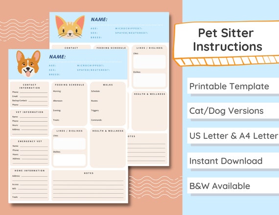 Pet Sitter Checklist Printable Pets Dog Cat Checklist 