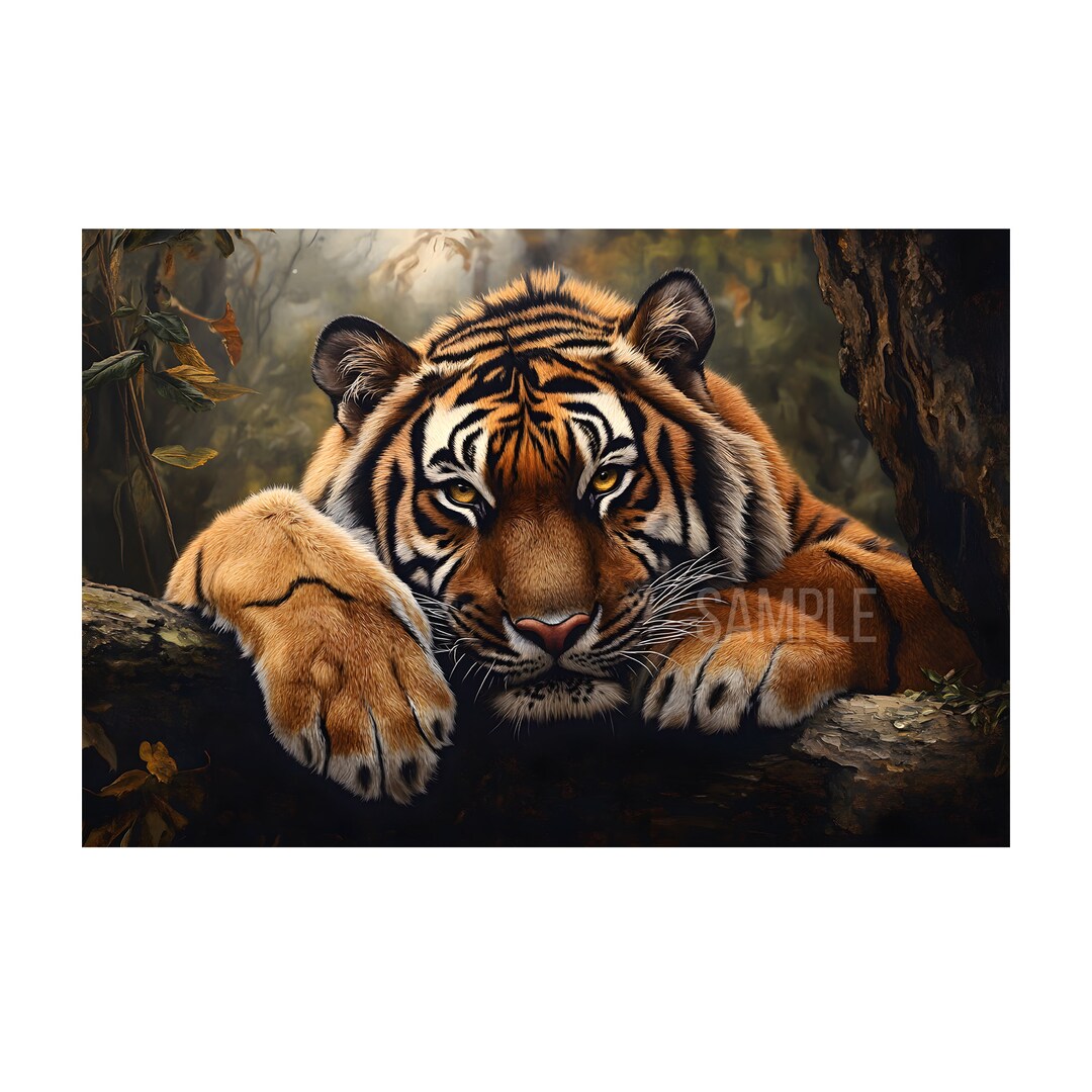 Canvas Print, Cute Siberian Tiger Oil Painting Wall Art, Home Decor ...