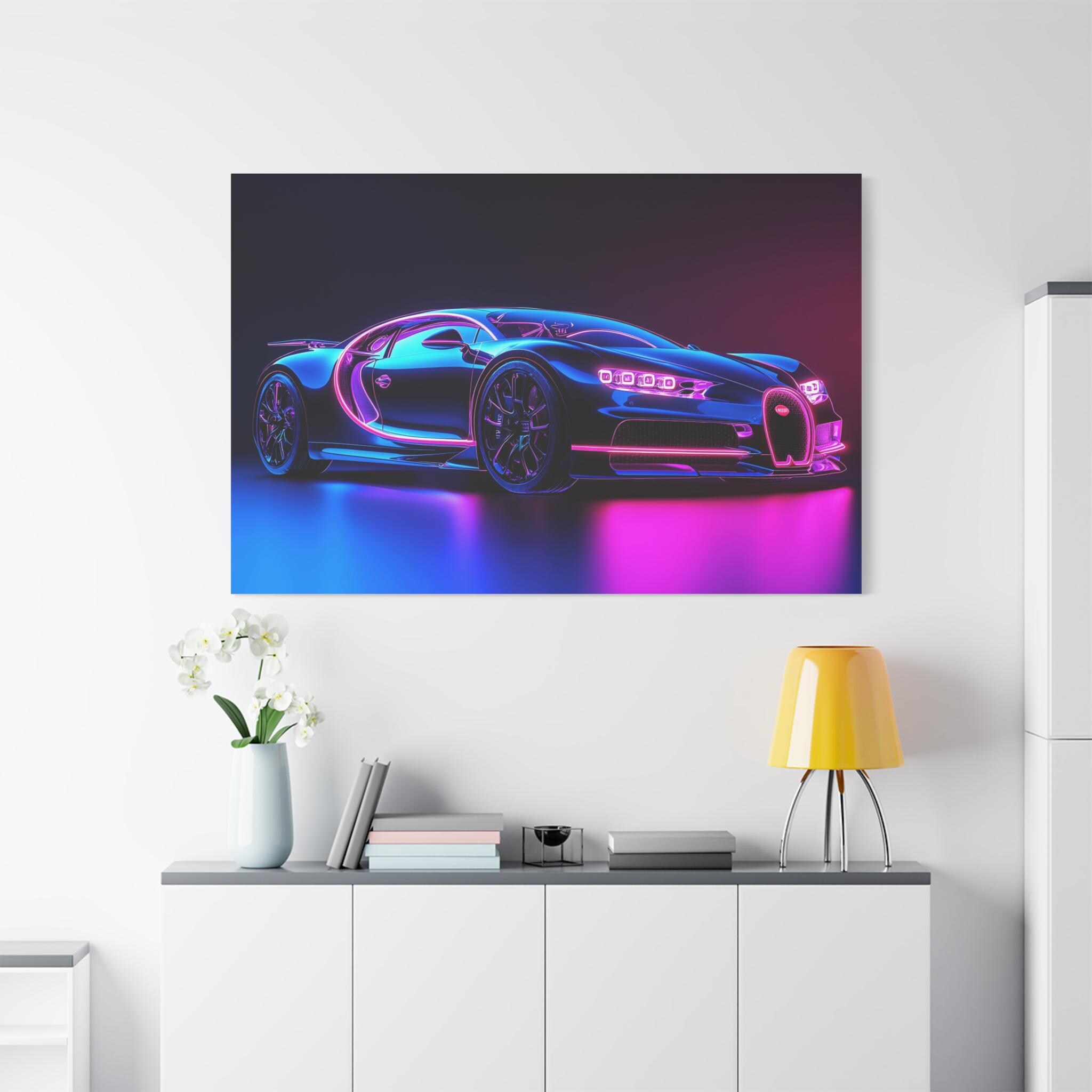 Amazing Blue Neon Bugatti Chiron Supercar on Canvas Wall Art Print ...