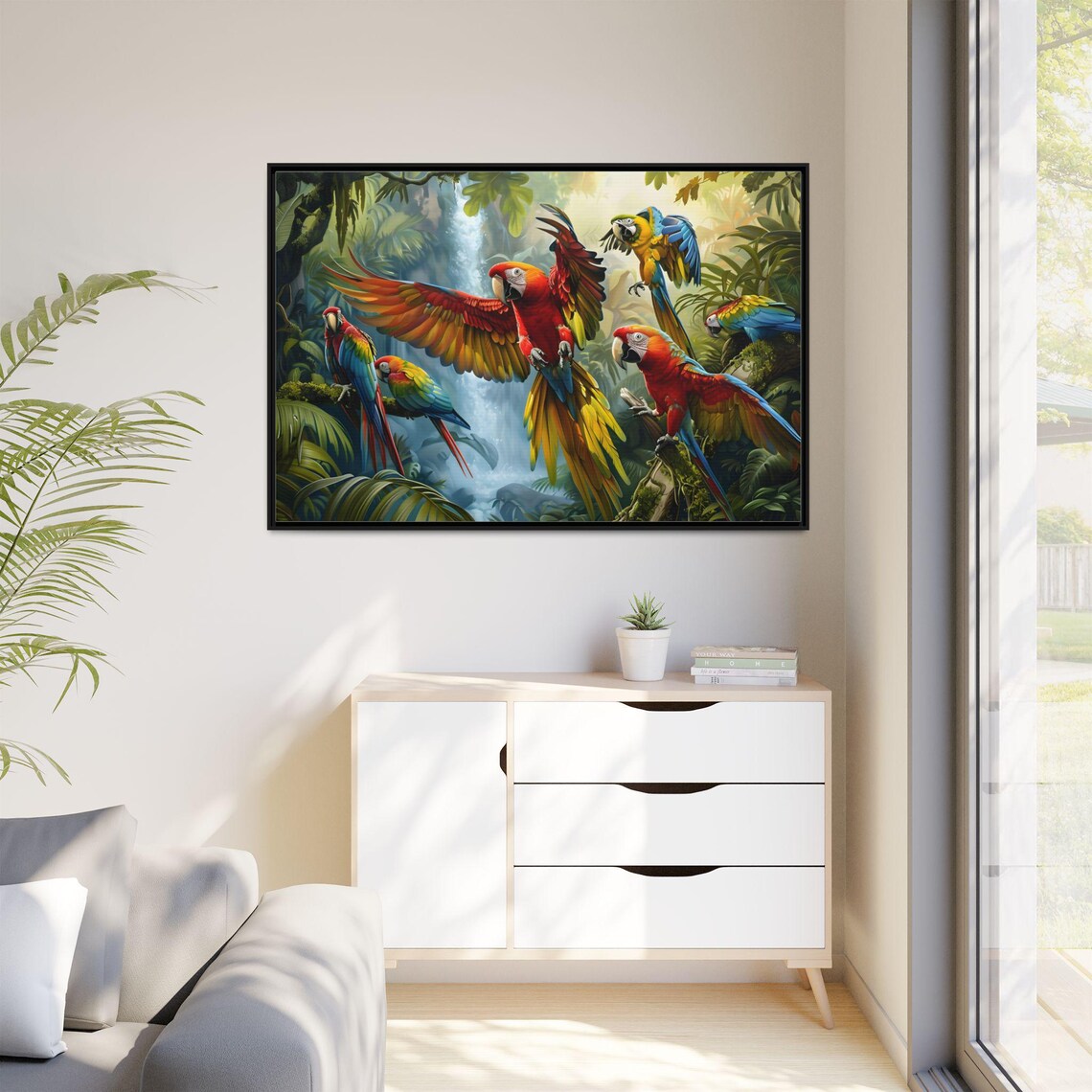 A Red Parrot Flaps Its Wings to Land on a Branch in the Waterfall Zone ...