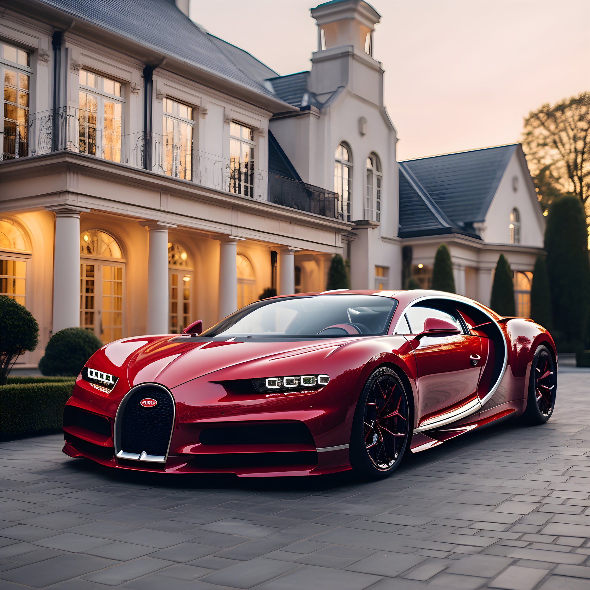 Red Bugatti Parked on Luxury Mansion on Digital Download Wall Art ...
