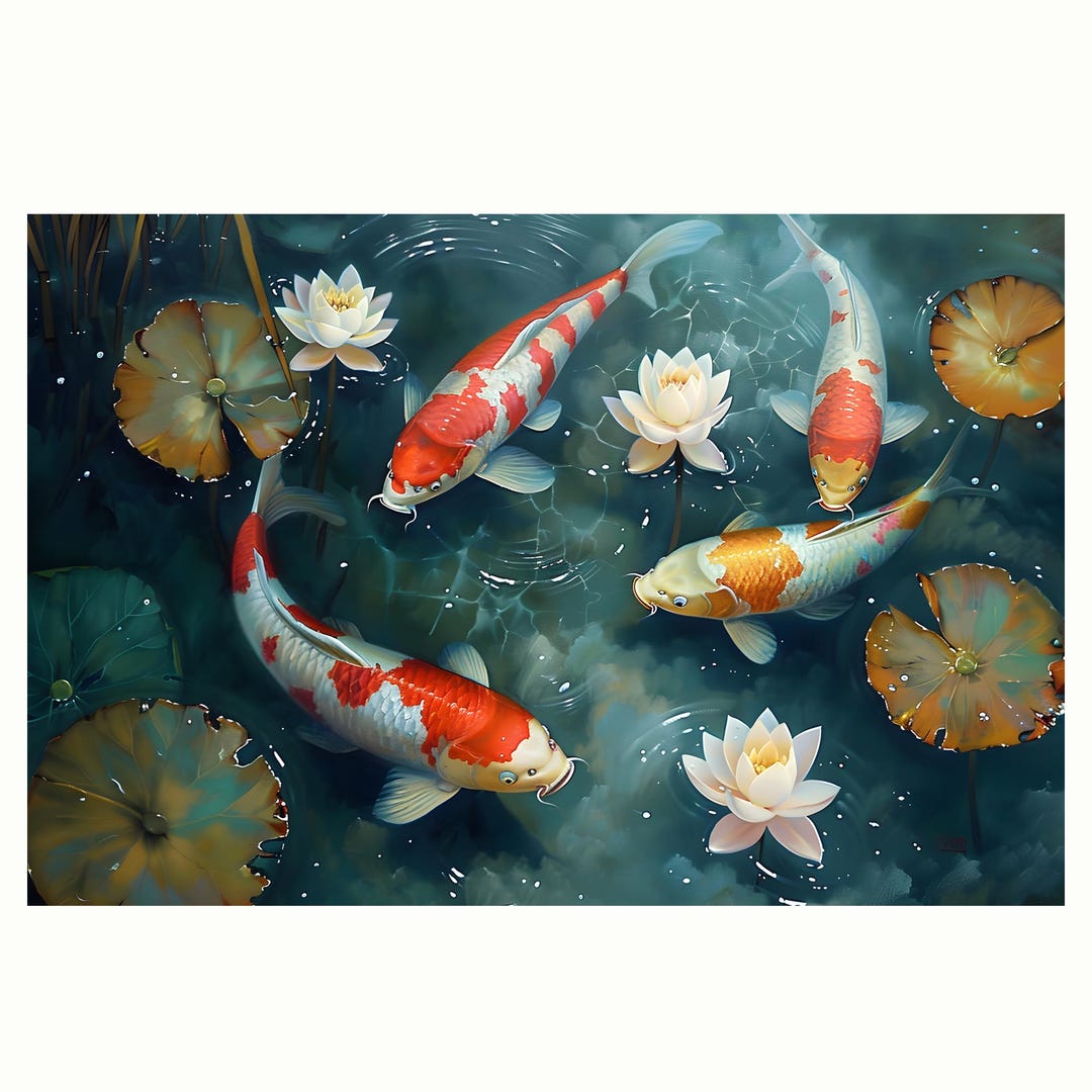 4 Beautiful Koi Fish Swimming in the Pond Oil Painting on Canvas Wall ...