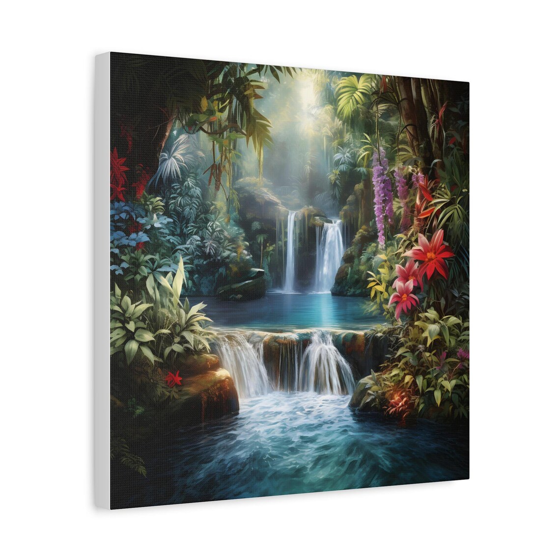 Beautiful Tropical Blue Waterfall With Flower on the Forest on Canvas ...