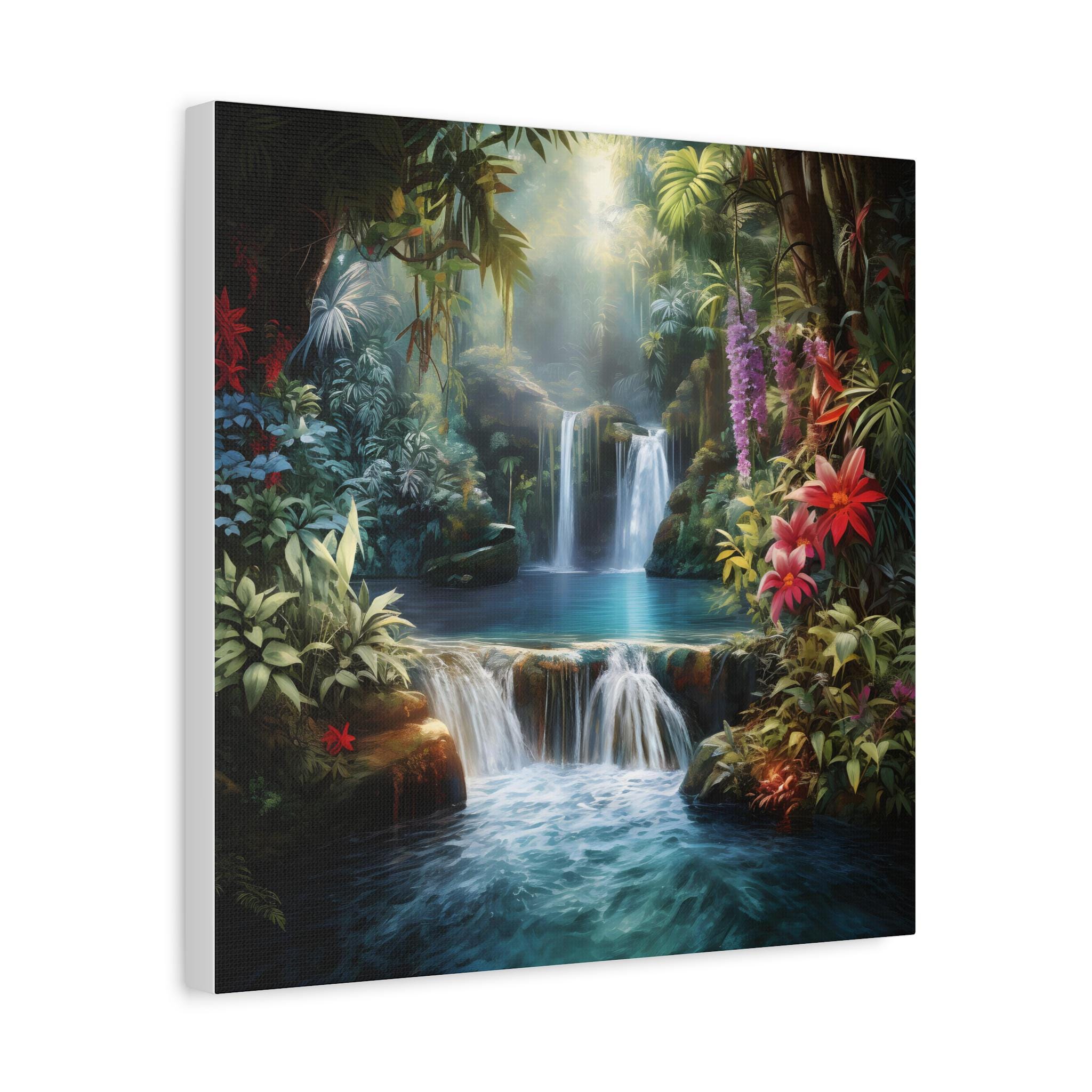 Beautiful Tropical Blue Waterfall With Flower on the Forest on Canvas ...