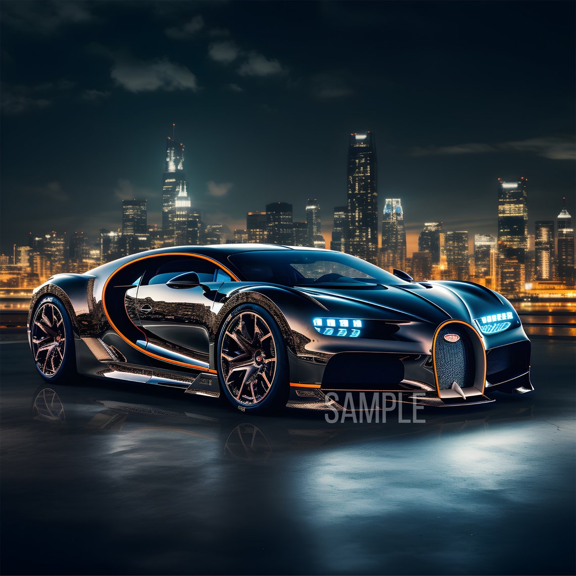 Bugatti Chiron Bugatti Chiron at the Night With Skyscrappers on Digital ...