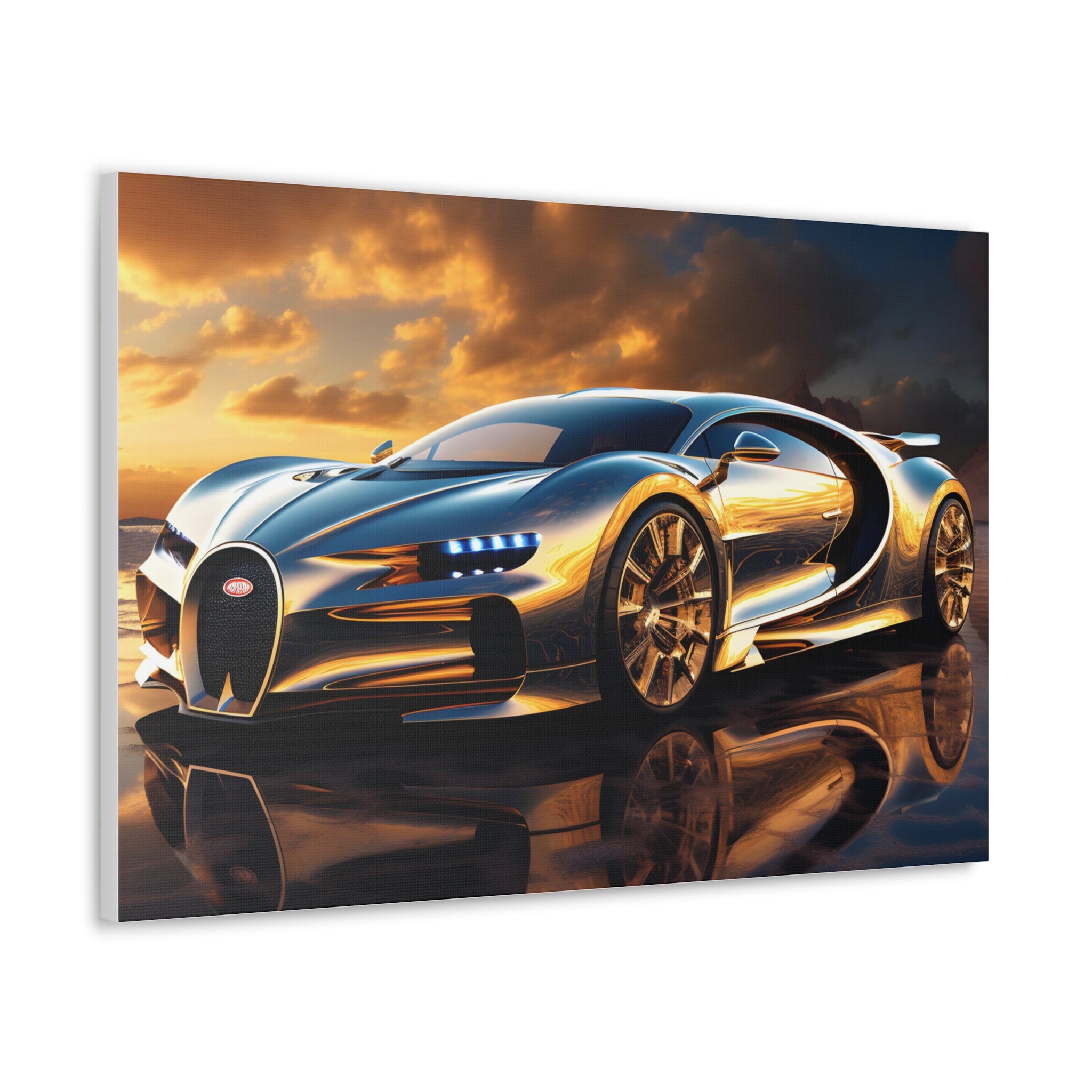 Gold Bugatti Chiron on the Road and Sunset on Classic Canvas. Cool ...