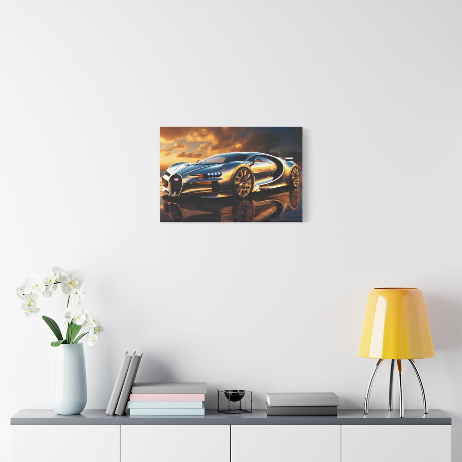 Gold Bugatti Chiron on the Road and Sunset on Classic Canvas. Cool ...