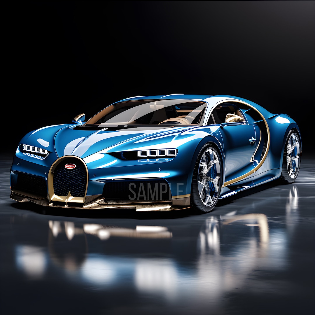 Blue Gold Bugatti Chiron on Show Room on Digital Download Wall Art ...