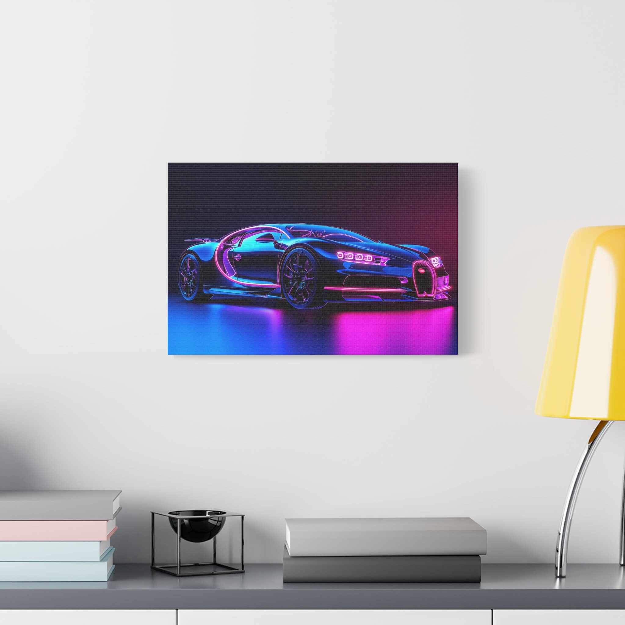 Amazing Blue Neon Bugatti Chiron Supercar on Canvas Wall Art Print ...