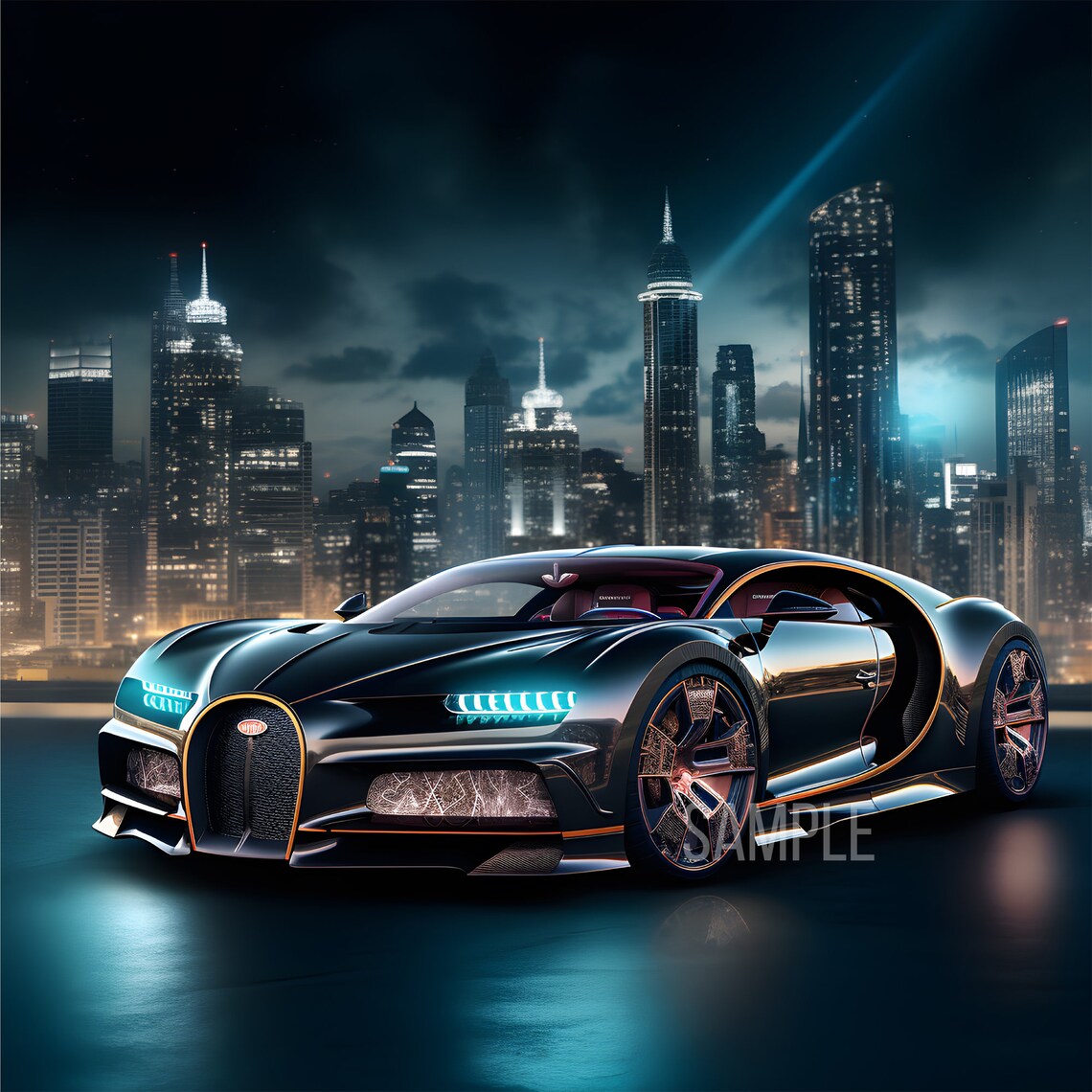 Bugatti Chiron Bugatti Chiron at the Night With Skyscrappers on Digital ...