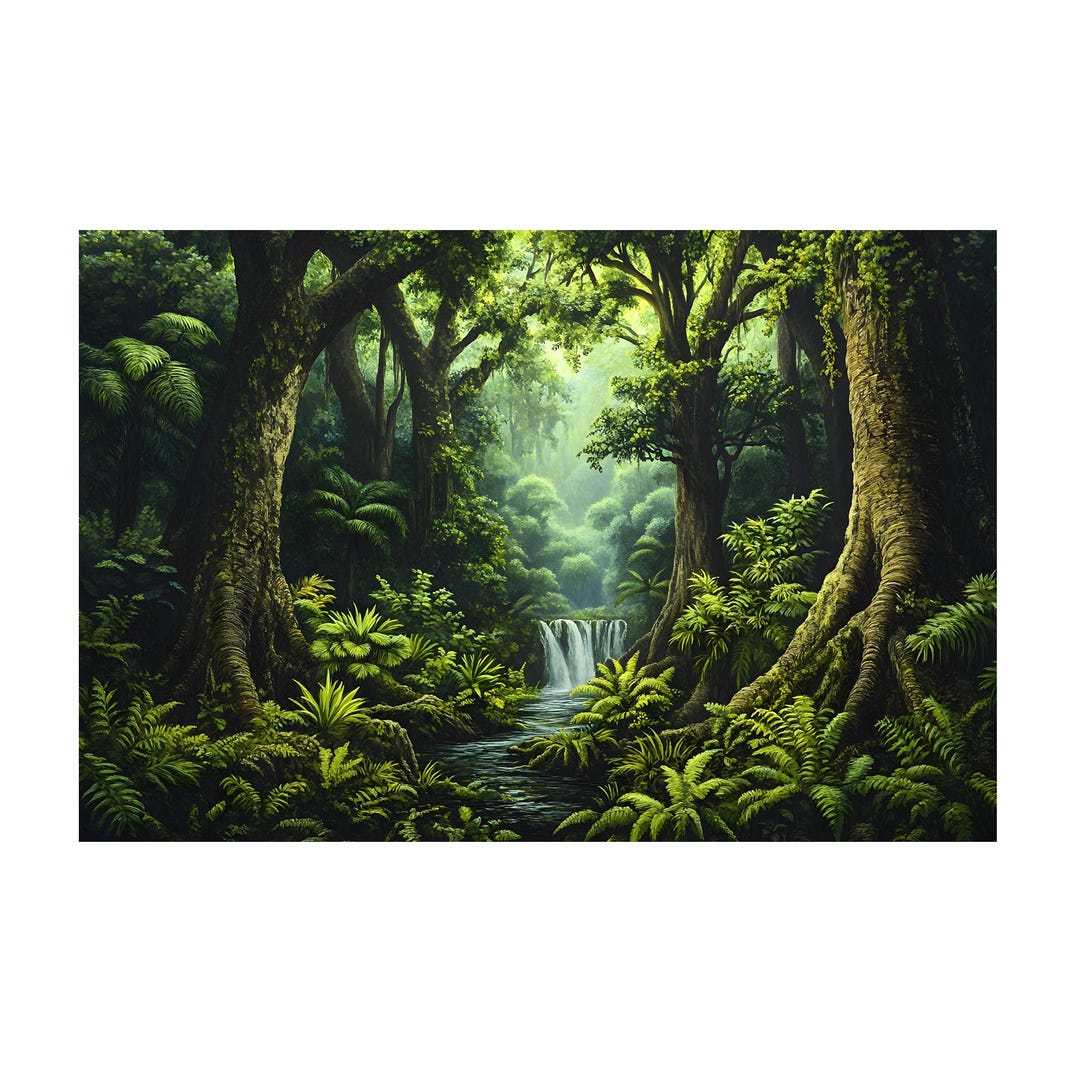 Beautiful Tropical Jungle and Small Waterfall Oil Painting, Canvas Wall ...