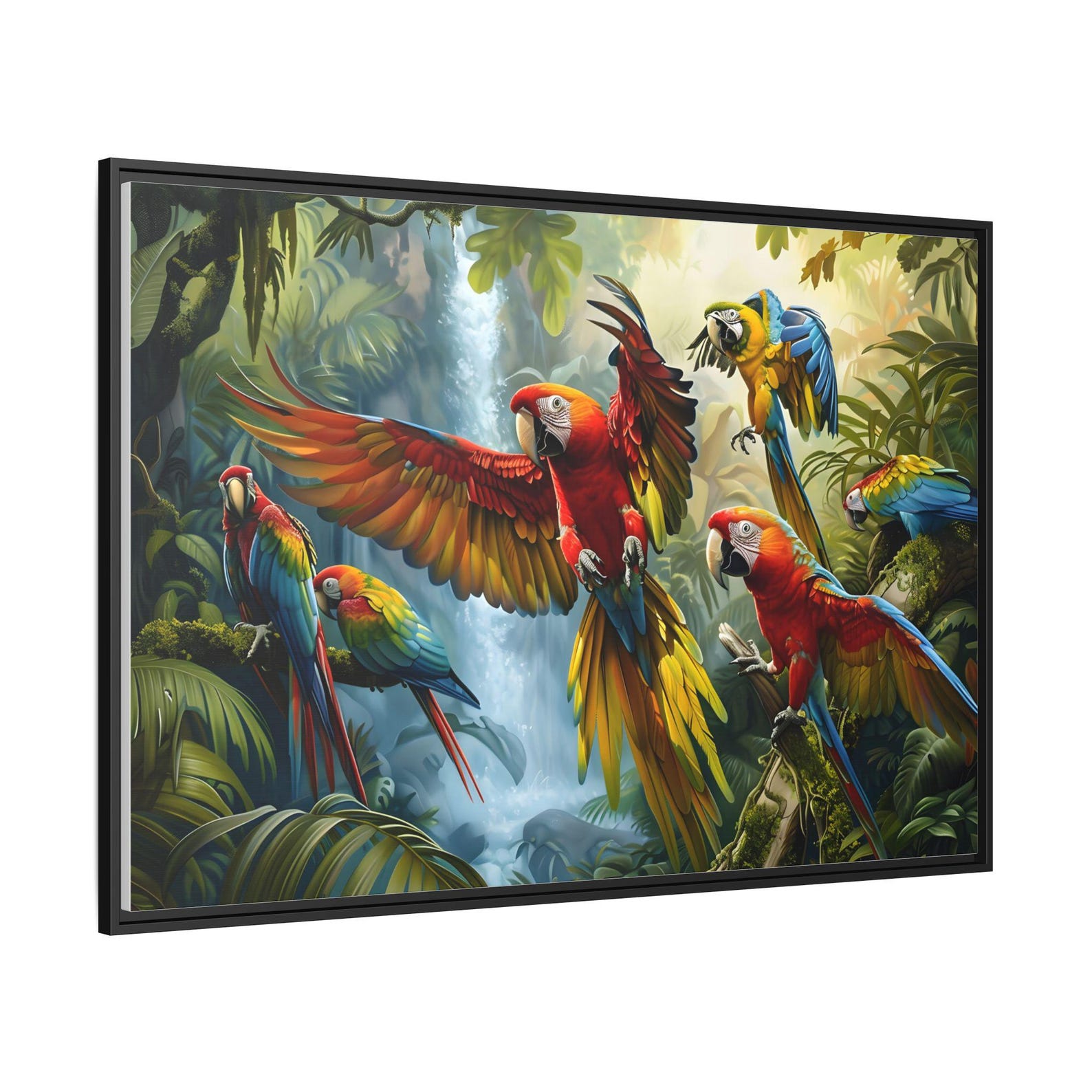 A Red Parrot Flaps Its Wings to Land on a Branch in the Waterfall Zone ...