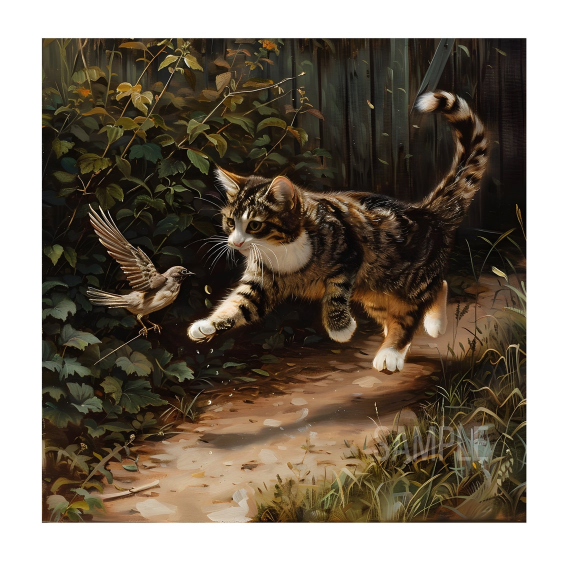 Young Cat Chasing a Small Bird on Backyard Oil Painting on Digital ...