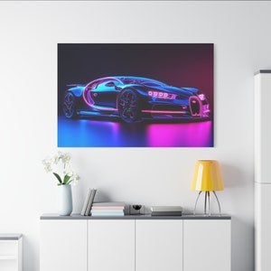 Amazing Blue Neon Bugatti Chiron Supercar on Canvas Wall Art Print ...