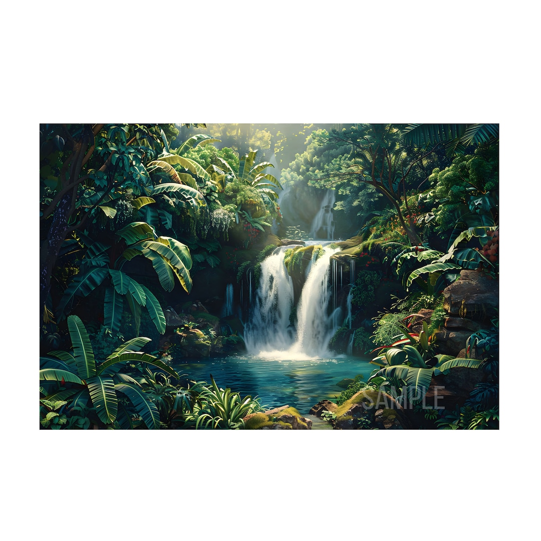 Photo of Beautiful Blue Waterfall & River on Tropical Forest on Digital ...