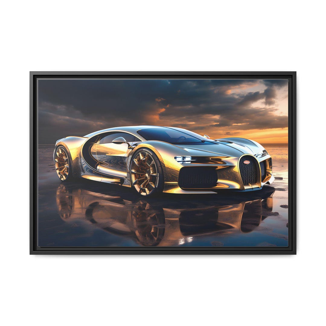 Cool Gold Bugatti Chiron Supercar on the Beach on Canvas Wall Art Print ...