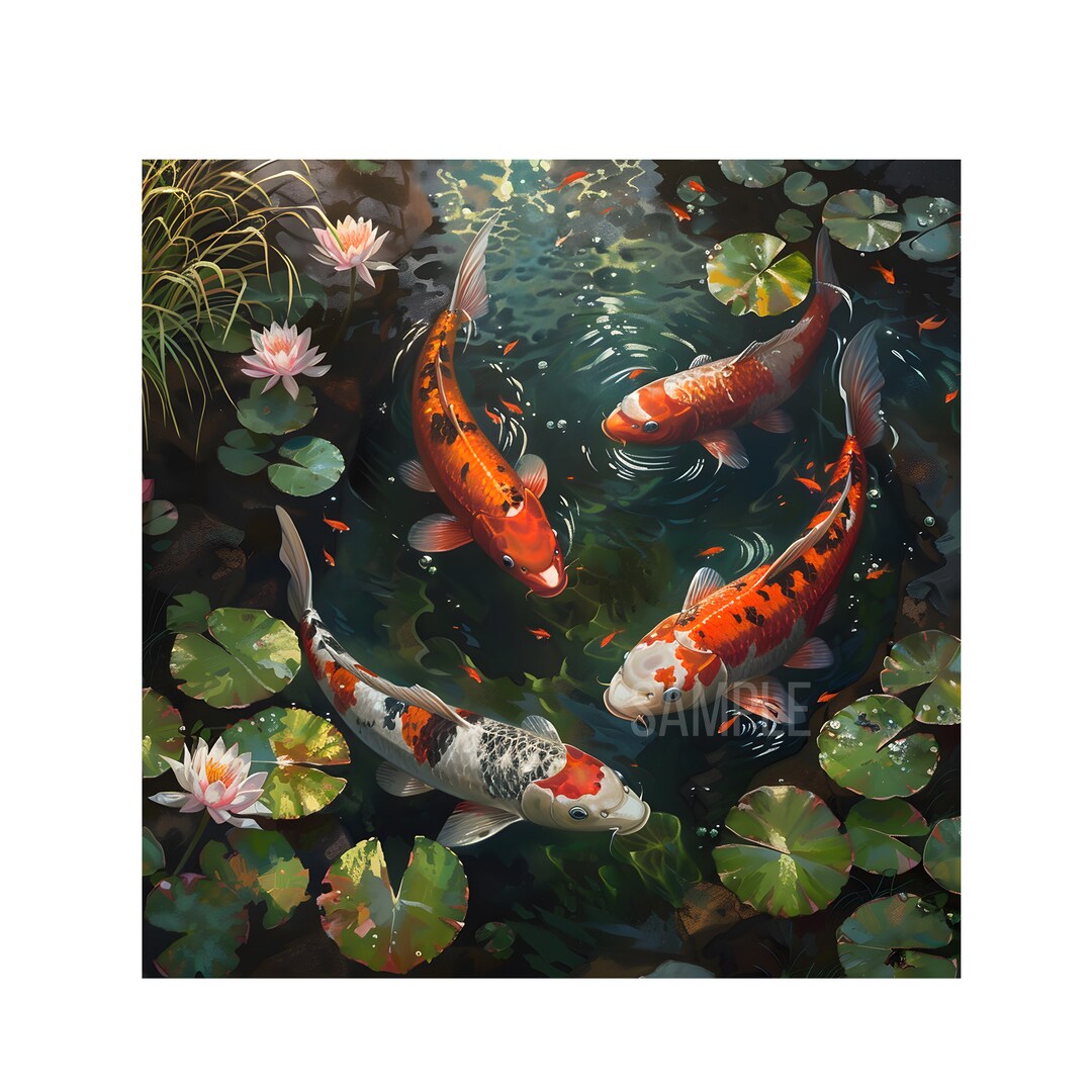 Beatiful 4 Koi Fish in the Pond Oil Painting on Canvas Wall Art Print ...