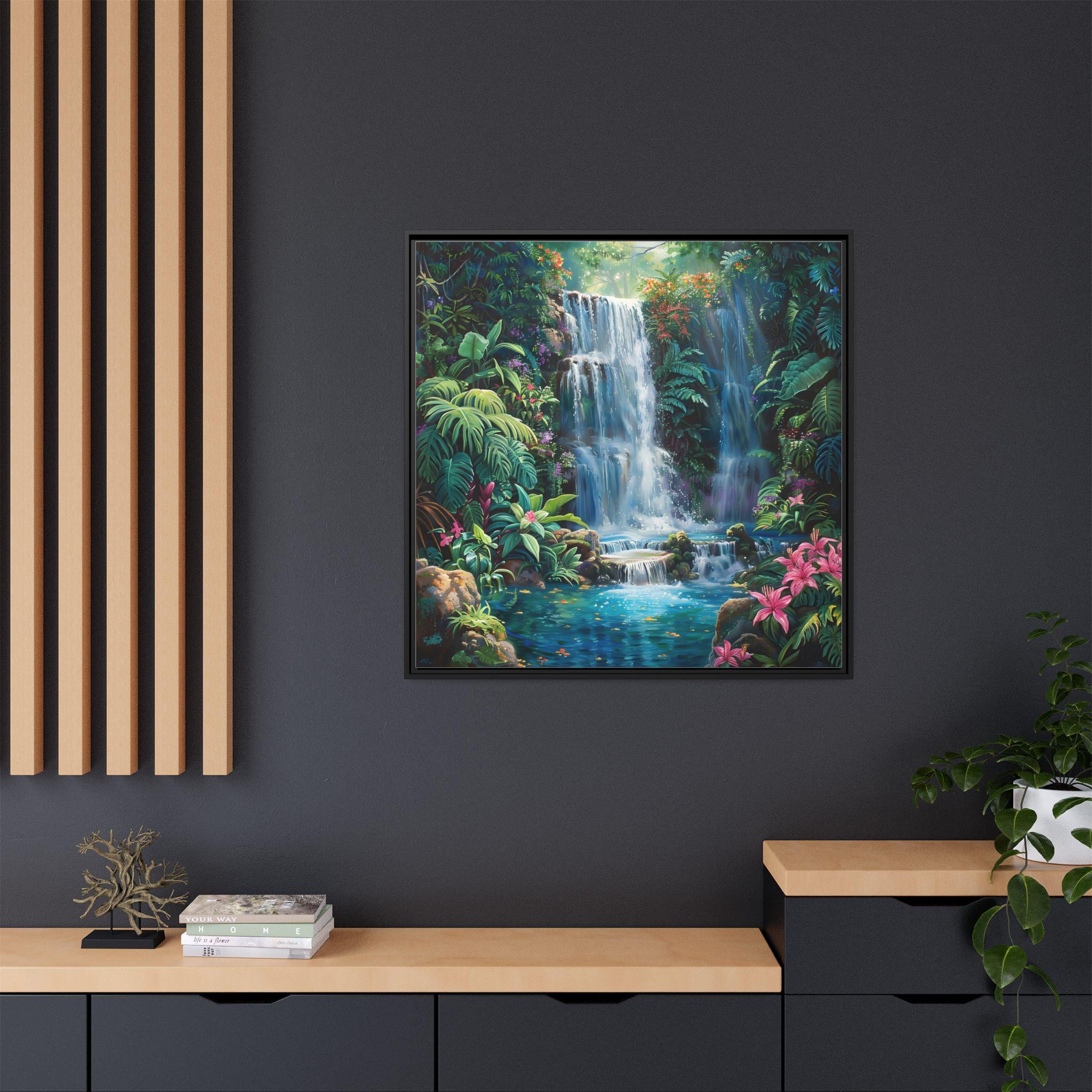 Beautiful Tropical Blue Waterfall Surrounded Flowers Oil Painting on ...