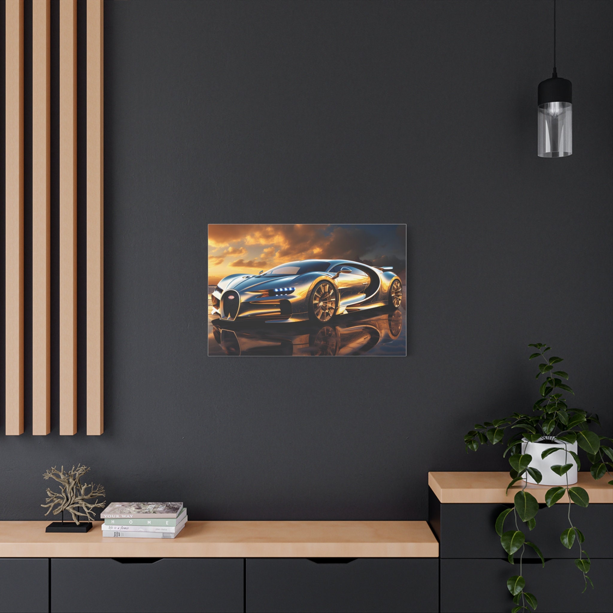 Gold Bugatti Chiron on the Road and Sunset on Classic Canvas. Cool ...