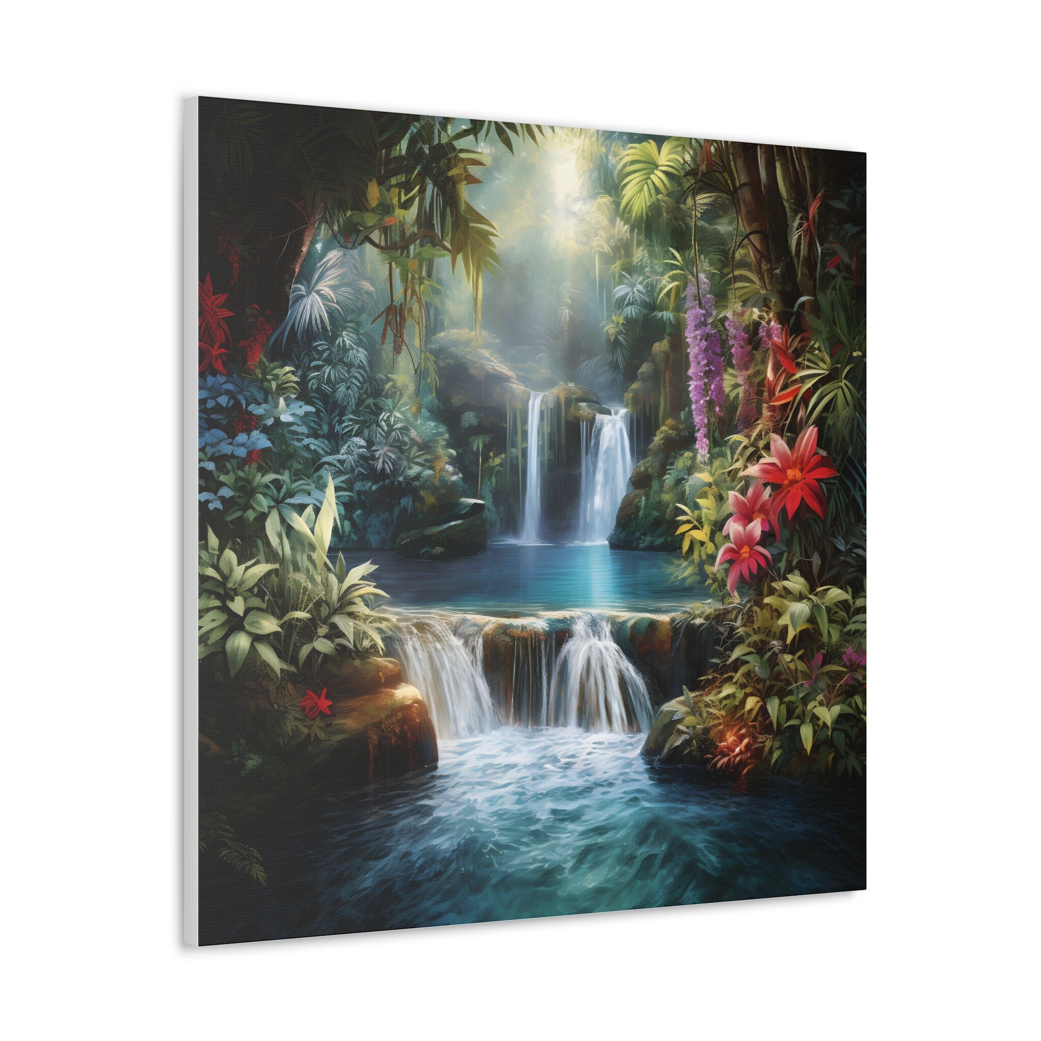 Beautiful Tropical Blue Waterfall With Flower on the Forest on Canvas ...