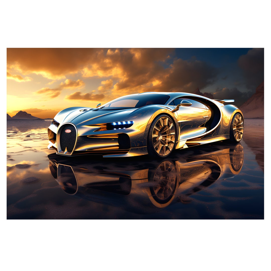Gold Bugatti Chiron on the Road and Sunset on Classic Canvas. Cool Bugatti Chiron Super Car ...