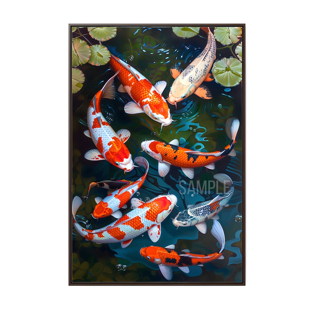 Gathering of 9 Koi Fish in Clear Pond on Front Yard on Oil Painting on ...