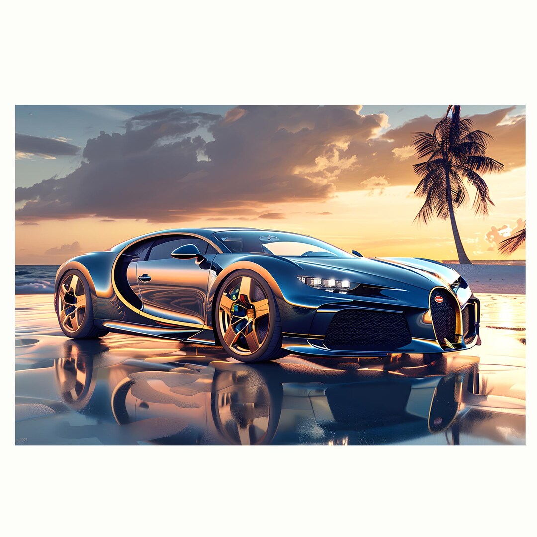 A Dark Blue Bugatti Chiron Supercar With Sunset on the Beach on Canvas ...