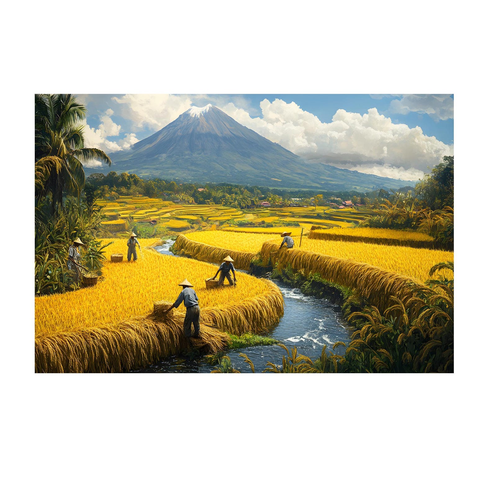 Canvas Wall Art Print, Farmers Harvesting on Yellow Rice Fields Oil ...