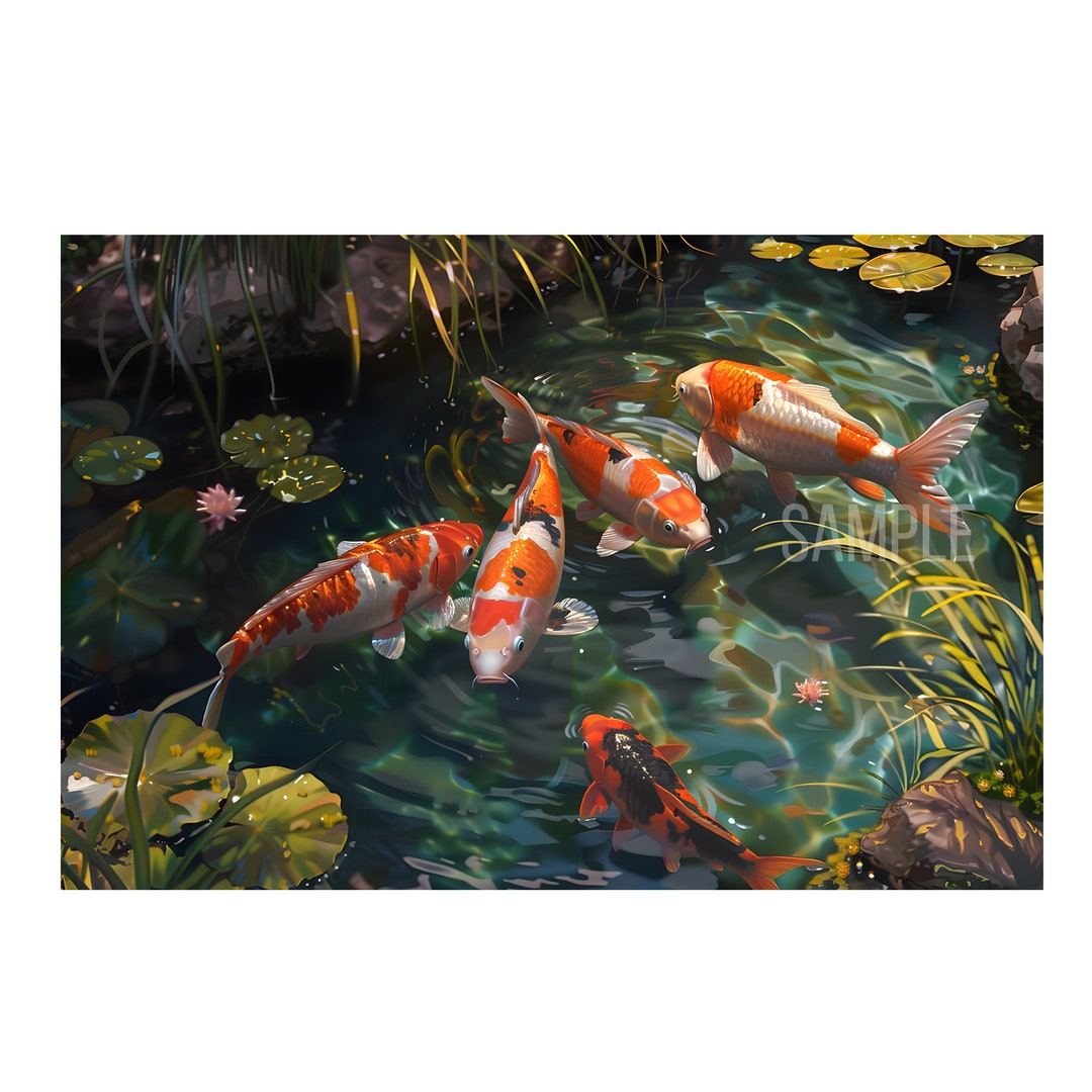 5 Koi Fish in the Pond Oil Painting on Canvas Wall Art Print. Beautiful ...