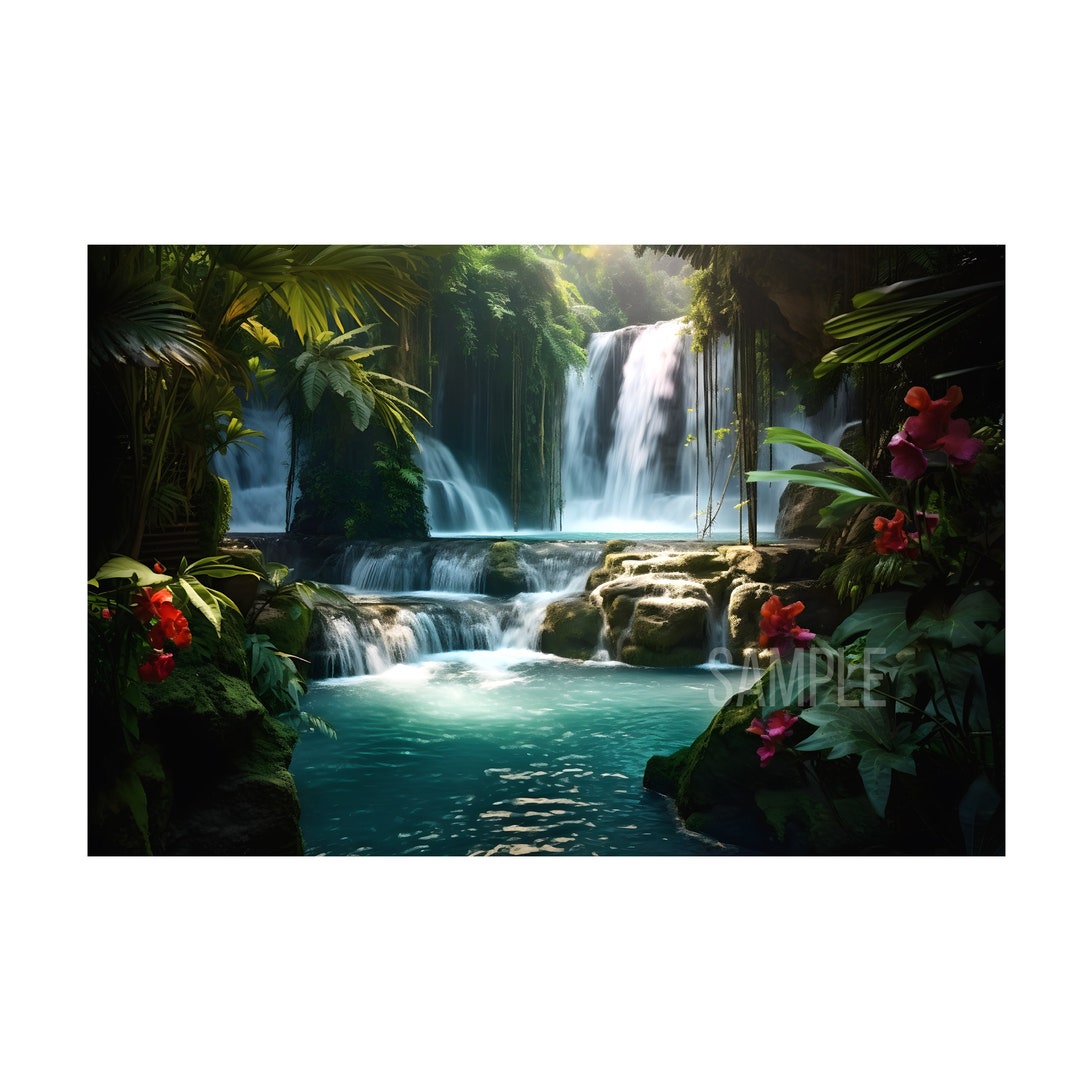 Cool Tropical Waterfall and Blue Pond With Flower on Forest on Digital ...